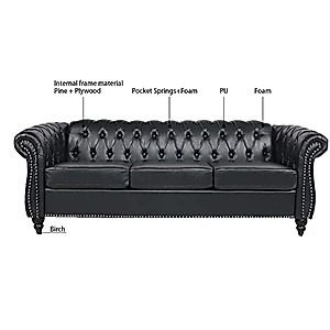 84" PU Rolled Arm Chesterfield 3 Seater Sofa Black, Mid Century Modern Couch for Small Spaces