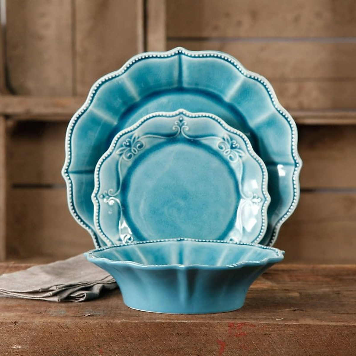GADEN 12-Piece Dinnerware Set Denim Household Plate Bowl Embossed Tableware Combination (Color : D, Size : As Shown)