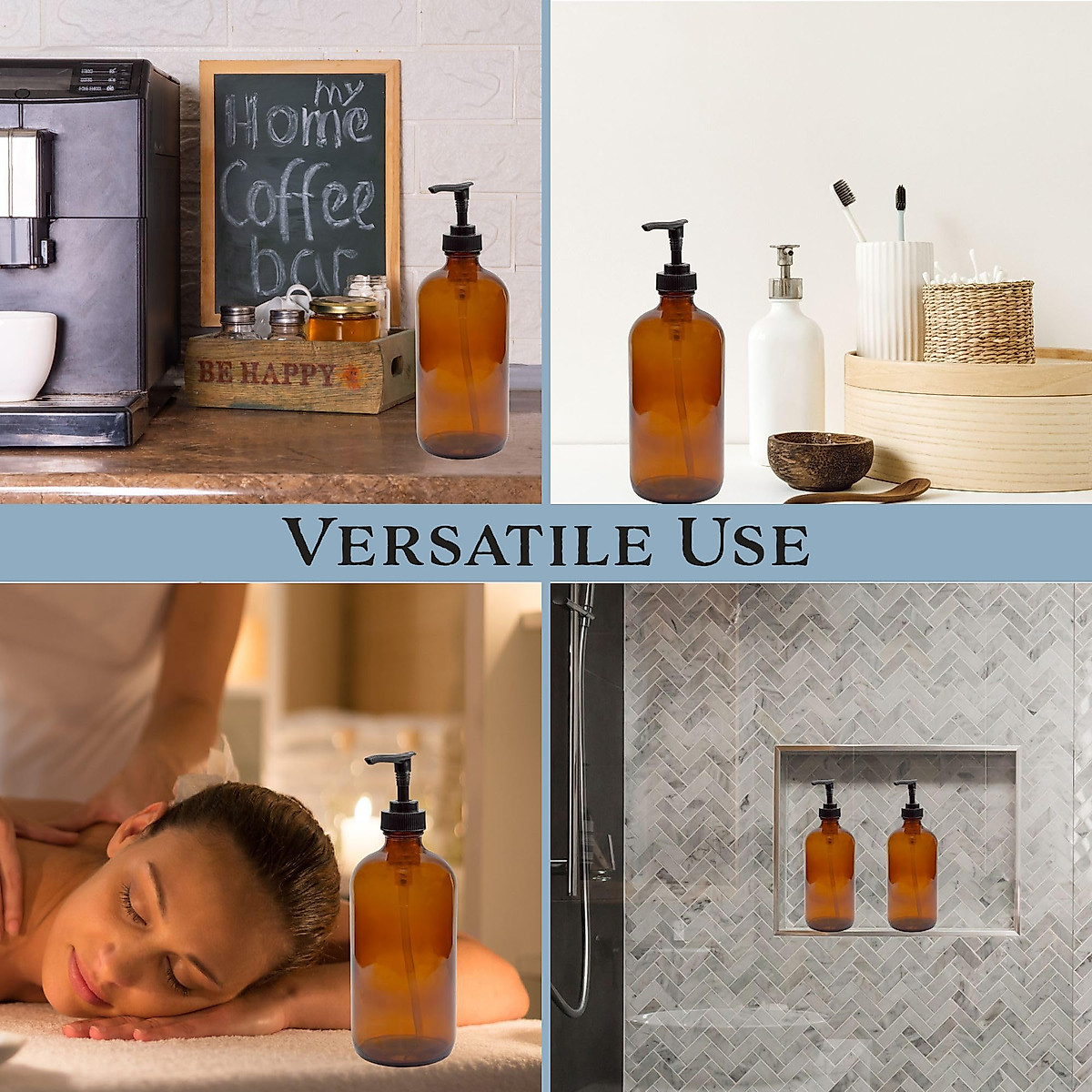 32-Ounce Amber Glass Lotion Pump Bottles (2-Pack); Quart Size Brown Bottles w/Black Plastic Locking Pump Dispensers; Includes Chalk Labels