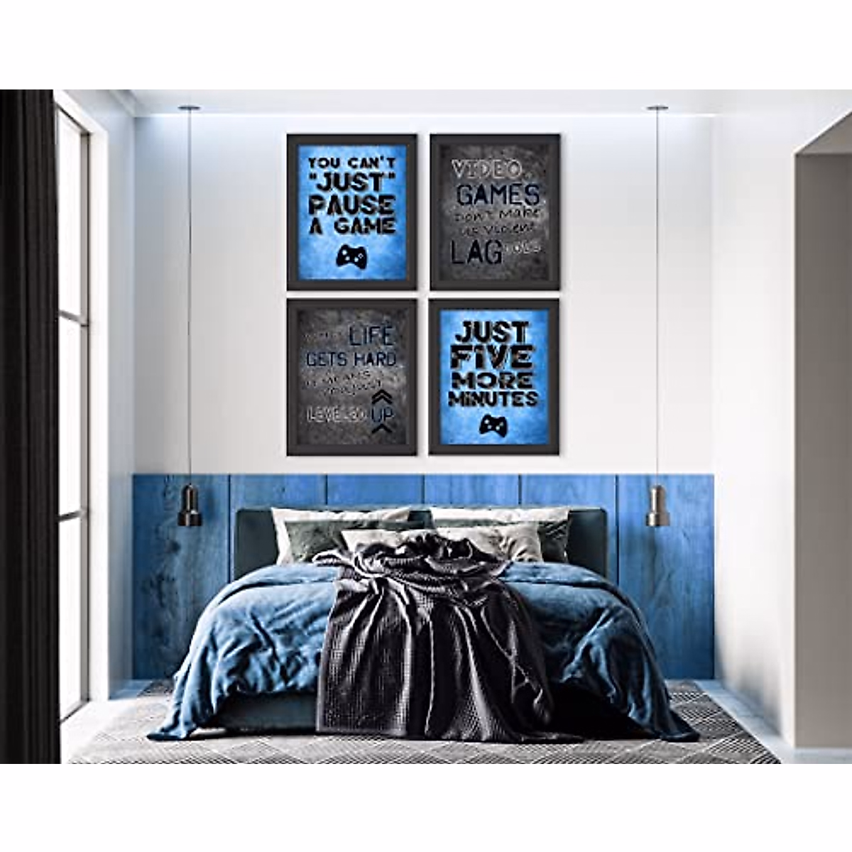 You Can't Just Pause A Game - Video Gamer Themed Wall Art Decor Prints for a Gaming Room (Set of 4) Poster Sign Blue Black Grey Bedroom