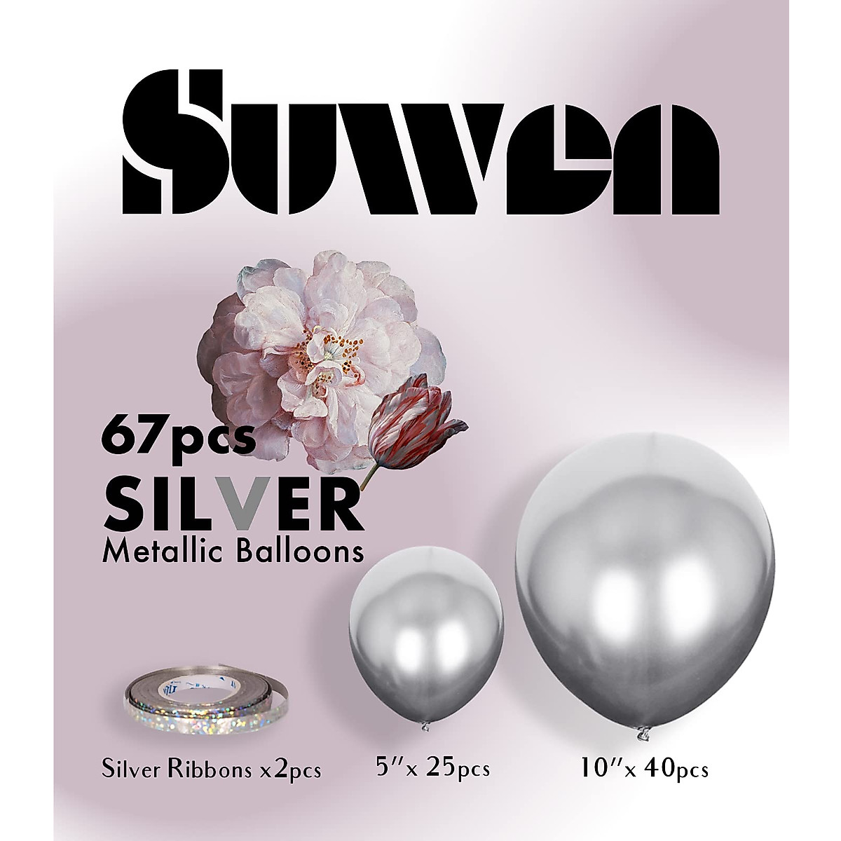SUWEN Silver Metallic Balloons Kit 67PCS 10 Inch 5 Inch Different Sizes Latex Helium Shiny Chrome Silver Balloons for Birthday Graduation Anniversary Party Decorations