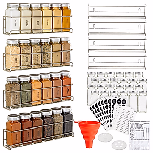 Talented Kitchen 4 Stainless Steel Spice Racks Wall Mount Organizer for Cabinet Door with 24 Empty 4oz Glass Jars, 269 Clear Seasoning Labels (2 Styles)