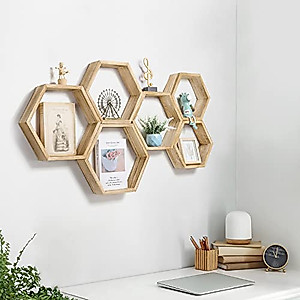 YBING Hexagon Floating Shelves Wall Mounted Farmhouse Wood Storage Honeycomb Wall Shelf Set of 6 Hexagonal Shelves Wall Home Decor Hexagon Shelves for Living Room Bedroom Office, Light Brown
