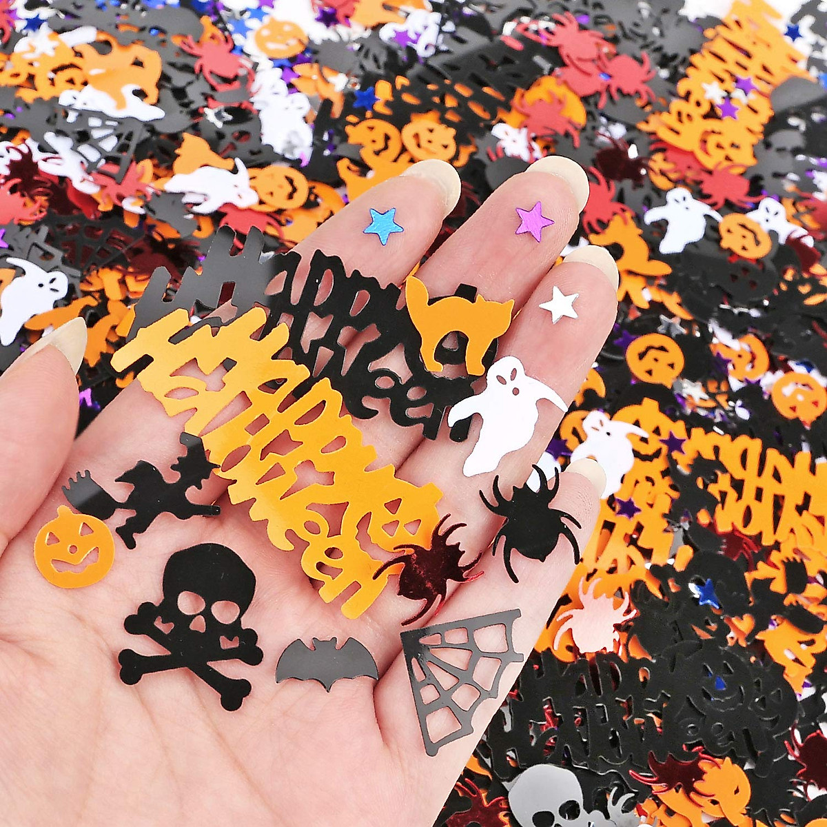 Konsait 2000+pcs Halloween Confetti Table Confetti Table Scatter Pumpkins Spiders Bats Witches Spider Webs Star Cat Ghost Halloween Skull Confetti for Halloween Party Favor Decorations Supplies