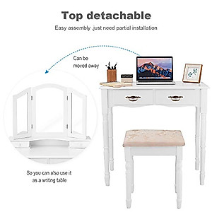 ReunionG Vanity Set w/Stool and Mirror, Multifunction Makeup Table Writing Desk w/Drawers, Trifold Large Mirror and Cushioned Stool, for Home Bedroom Vanity Dressing Table Desk (White)