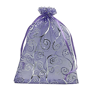 100PCS Sheer Organza Bags,4x4.72 Inch Wedding Favor Bags with Drawstring,Candy Jewelry Gift Bags for Party, Jewelry,Bathroom Soaps, Christmas, Makeup Organza Favor Bags (Purple-Rattan Print)