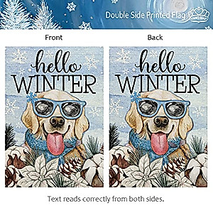 CROWNED BEAUTY Hello Winter Dog Golden Retriever Garden Flag 12x18 Inch Small Double Sided Yard Decorative Holiday Seasonal Outside Welcome Burlap Farmhouse Decoration