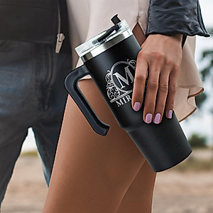 Personalized 30 oz Travel Mug - Elaborate Circle Monogram - Black Custom Engraved Cup with Handle Vacuum Insulated Tumbler Birthday Gift for Women, Men, Beer and Drinks