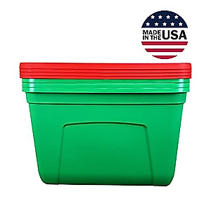 SIMPLYKLEEN 4-Pack Christmas Storage Totes with Lids (Red/Green), 18-Gallon (72-Quart) Organization Bins, 25.50" x 17.00" x 15.25", Holiday Organizer, Plastic Storage Container Made in the USA