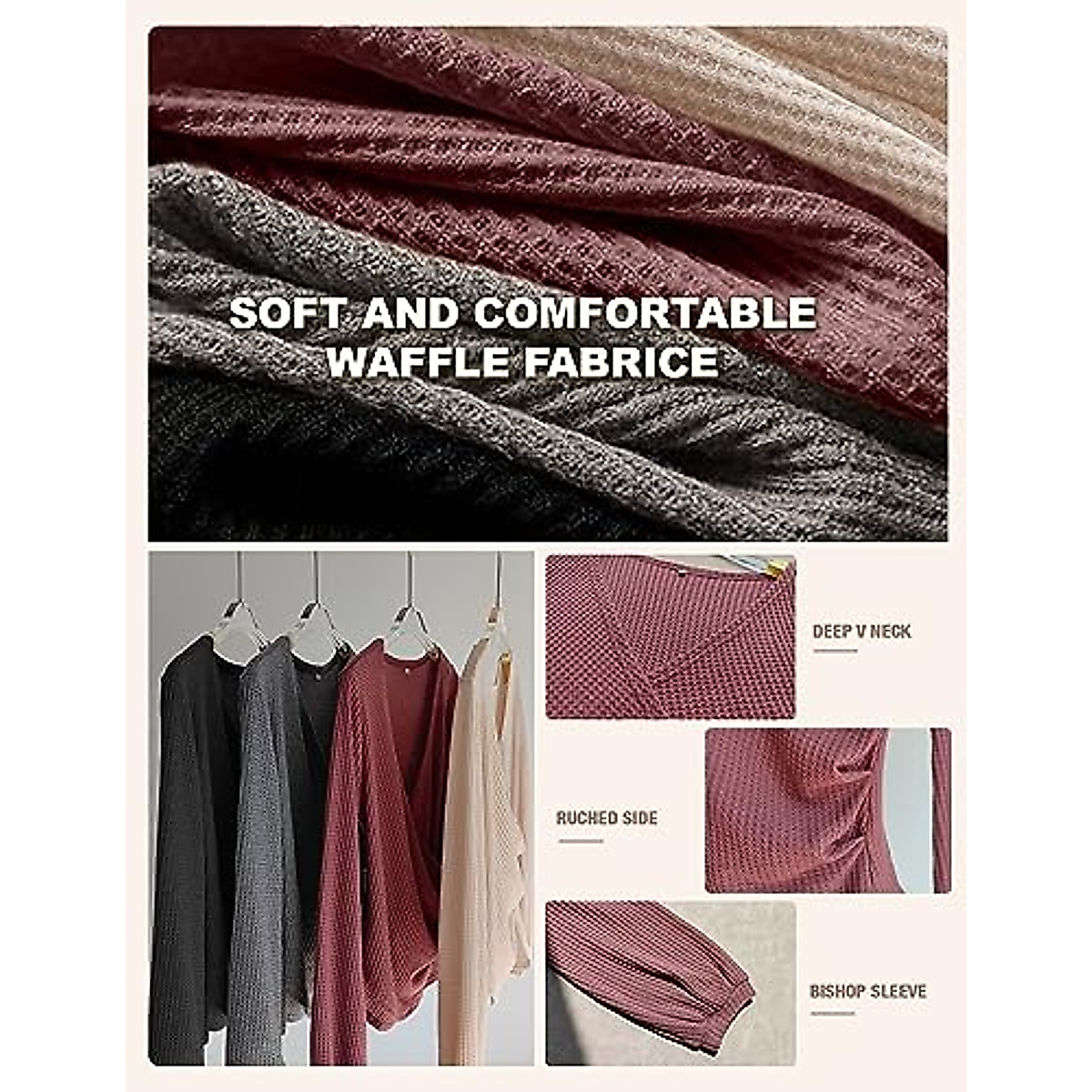 Prettywear Women's Long Sleeve Wrap Tops Sexy Casual Waffle Knit V Neck Shirts Solid Color Ruched Tunic Top Blouses Slim fit 2024 Fall Misty Rose