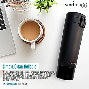 SMRTMUGG Heated Coffee Mug, All Day Battery Life, Battery Powered Travel Mug, Smart Mug, Great for Coffee and Tea, Fast Heating Technology, Portable Charger (Black 10 oz.)