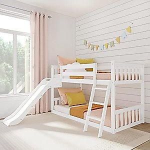 Max & Lily Solid Wood Twin over Twin Size Low Bunk Beds for Kids with Slide and Ladder, 400 lbs Weight Capacity, 14" Safety Guardrail, Anti-Slip Steps, White