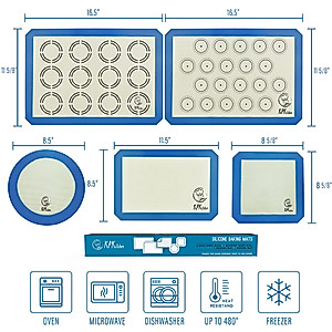Silicone Baking Mat Set of 5-2 Half Sheets (Macaron & Cookie Circle On Mat) + 1 Quarter + 1 Round & 1 Square Size Silicone Baking Sheet - Nonstick & Easy to Clean - 100% Silicone Mats for Baking