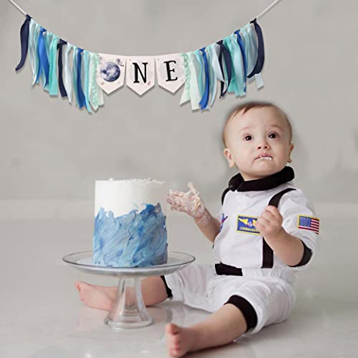 Outer Space Planets High Chair Banner - Astronaut Rocket 1st Birthday Boy High Chair ONE Banner - First Trip Around the Sun Party Decor (OUTER SPACE HF)