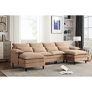 Eafurn U Shaped Symmetrical Sectional Couch with Waist Poillows and Detachable Pillow Armrest, 6 Seater Oversized Modular Lounge Sofa with Double Chaise & Memory Foam for Living Room Apartment