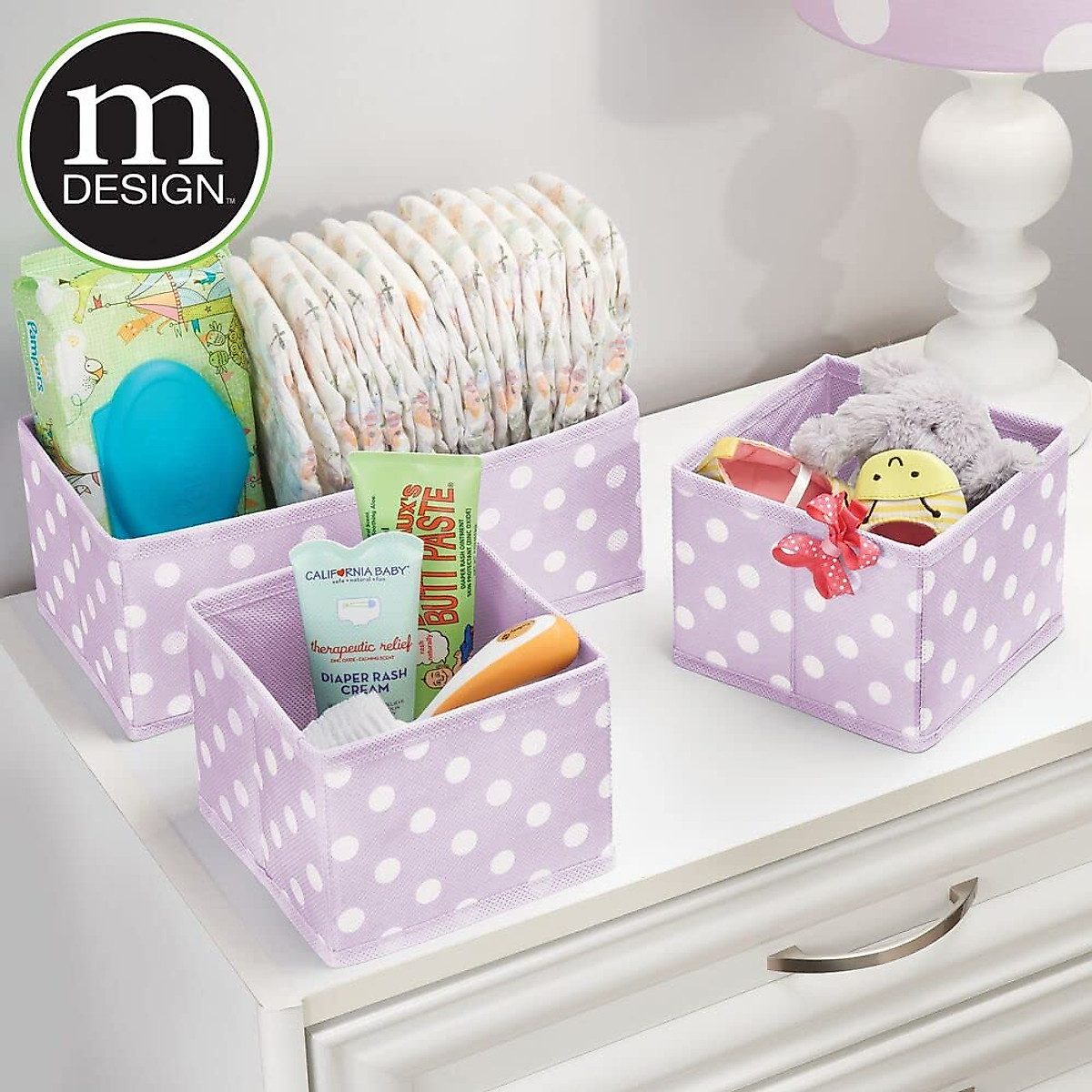 mDesign Soft Fabric Polka Dot Dresser Drawer and Closet Storage Organizer, Bin for Child/Kids Room, Nursery, Playroom, Bedroom, 2 Pack - Light Purple/White
