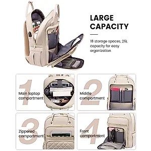 LOVEVOOK Laptop Backpack for Women, 15.6 Inch Computer Backpack for Teacher Nurse with Water Resistant, Lightweight Travel Work Backpack with USB Charging Port, Quilted Commuter Backpack purse, Beige
