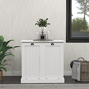 ODUWA Double Tilt Out Laundry Cabinet,Wood Hidden Laundry Hamper Cabinet with Removable Basket,Free Standing Bathroom Laundry Sorter Storage Cabinet