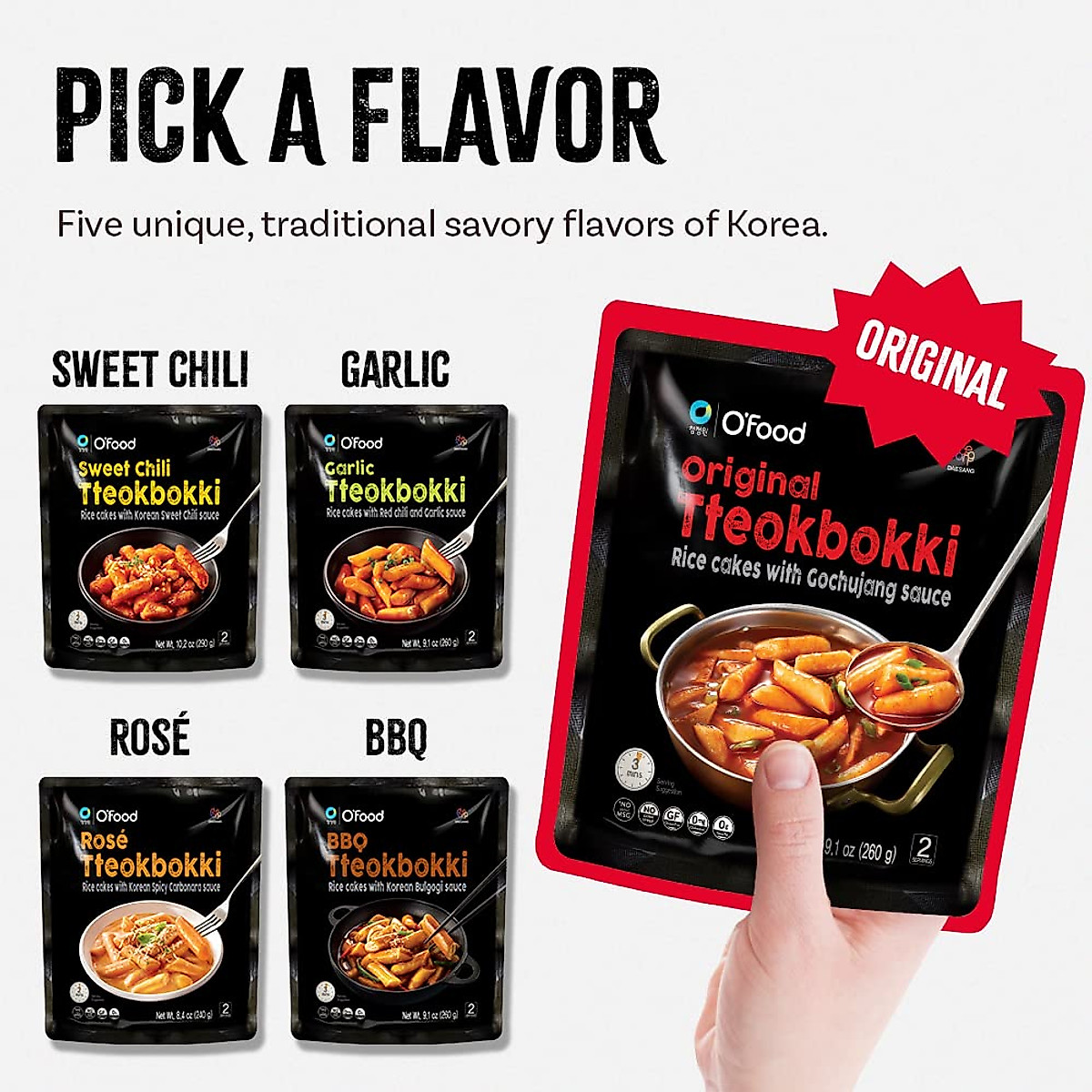 O'Food Original Tteokbokki, Gluten-Free Korean Rice Cakes, Authentic Spicy Korean Street Food Snack, Perfect with Cheese and Ramen Noodles, Ready to Eat, No MSG, No Corn Syrup, Pack of 2
