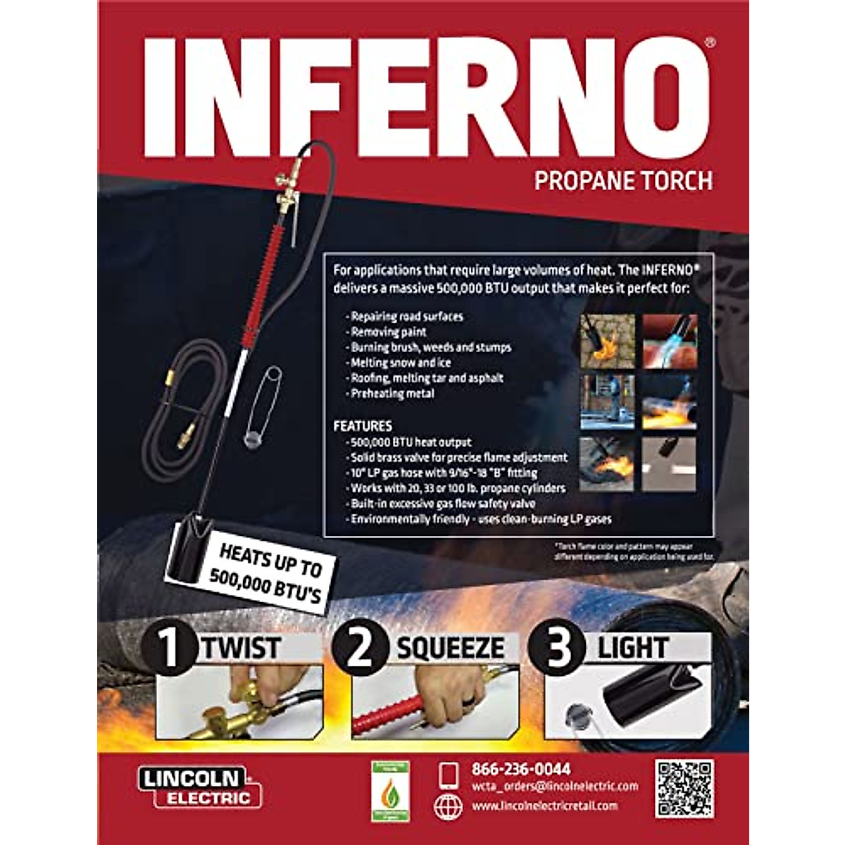 Lincoln Electric Inferno Weed Burner Propane Torch Kit w/ 10” LP Gas Hose and Flint Striker, 500,000 BTU High Output, Heavy Duty for Road Repair, Roof, Brush, Ice Snow Melter, KH825-03