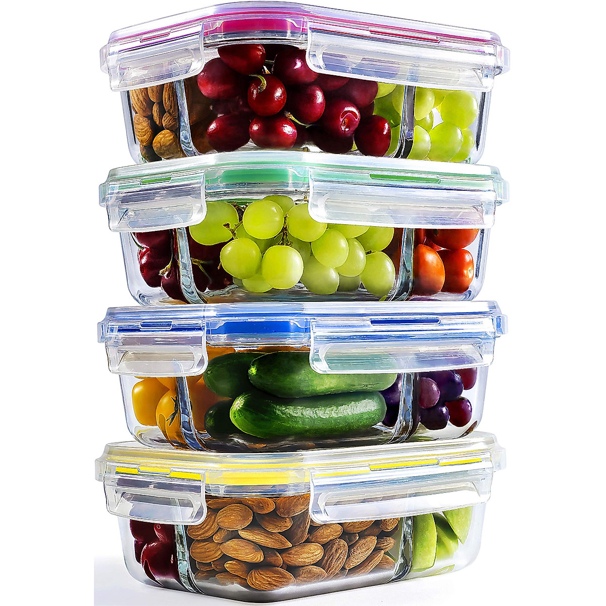 Glass Meal Prep Containers - 4-Pack 35 Oz. 3 Compartment Bento Box Lunch Containers | Bento Lunch Box Portion Control Containers | 3 Compartment Food Containers
