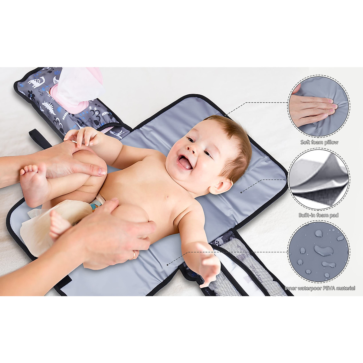 Portable Changing Pad, Diaper Changing Pad for Newborn, One-Hand Baby Changing Pad Built-in Comfort Foam Cushion & Baby Stuff Pockets for Baby Shower Gifts, Newborn Baby Essentials Unisex Baby Stuff