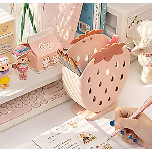 Strawberry Desk Organizer with 2 Compartments Cute Kawaii Pencil Holder Make Up Brush Holders Pen Holder for School Girls Teens Room Decor Storage and Organization (Light Pink)