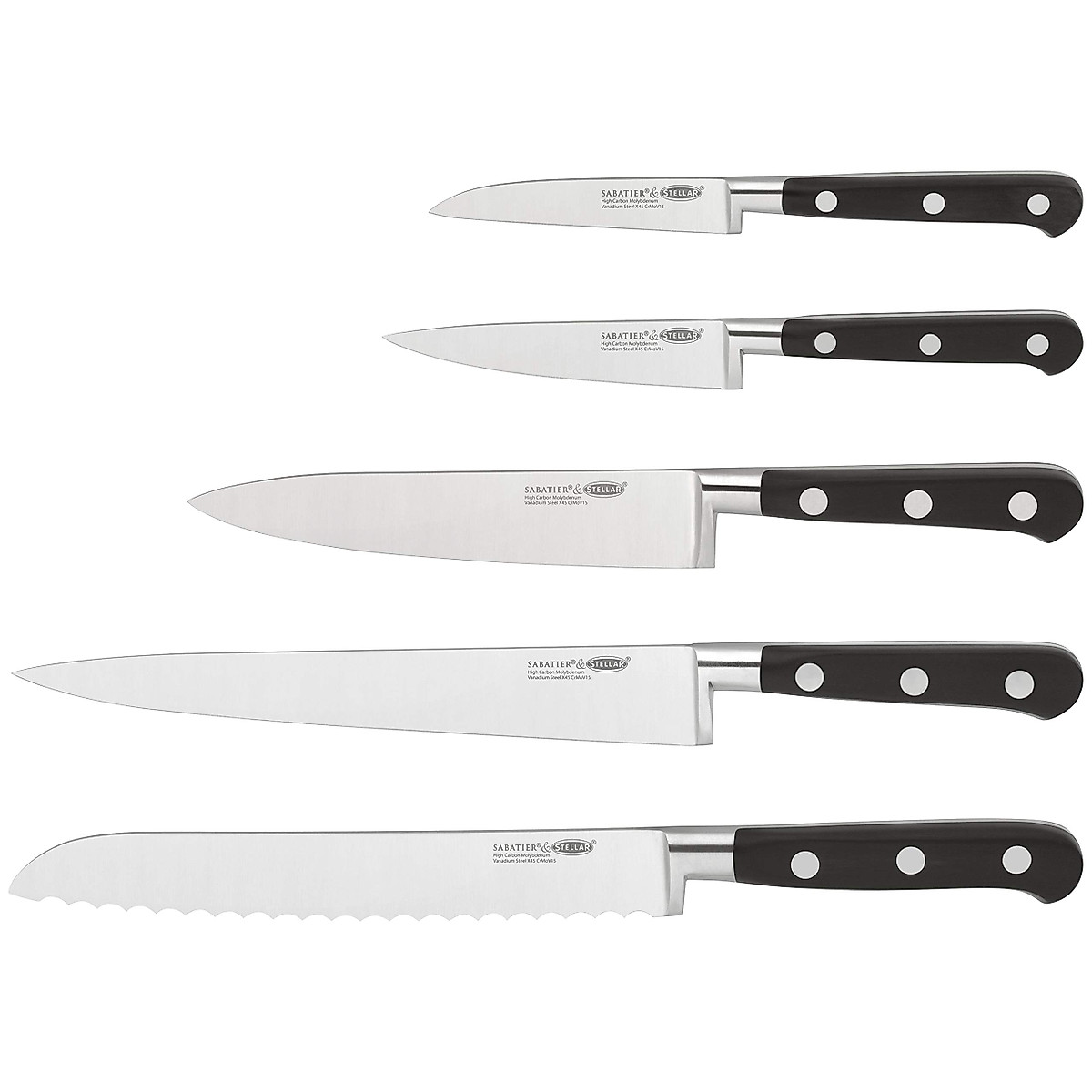 Stellar Sabatier IS60 6-Piece Set of Knives with Wooden Knife Block, Razor Sharp Stainless Steel Blades - Fully Guaranteed
