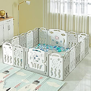 Albott Baby Fence Kid Playpen 18 Panel Play Yard - Foldable Kids Safety Activity Center Playard Lock Gate,Adjustable Shape, Portable Design for Indoor Outdoor Use (18 Panel, Grey+White)