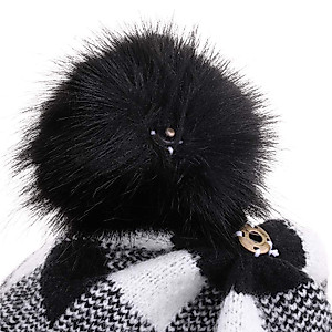 CRUOXIBB Women Knit Slouchy Beanie Hat with Faux Fur Pompom Buffalo Plaid Cuff Winter Soft Warm Ski Cap