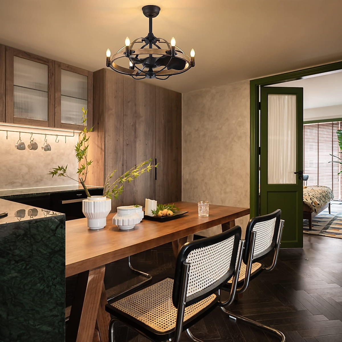 MOOONICHE 27'' Farmhouse Ceiling Fan with Light Remote Control, Vintage Cage Ceiling Fan with Lights, Rustic Chandelier Fan for Kitchen Dining Room Living Room