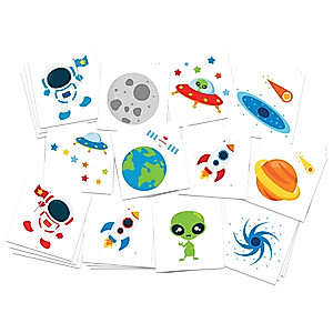 FashionTats Space Explorer Temporary Tattoos | 36 Pack | Kids Party Favors | Skin Safe | Spaceships - Planets - Astronauts - Galaxies - Black Holes - Aliens | MADE IN THE USA | Removable