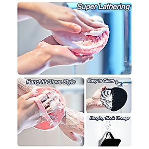 Manmihealth Silicone Back Scrubber(Thin Bristles) & Soft Bath Glove Set, Super-Cleaning Body Scrubber & Super-Lathering Shower Brush Combination, with a Free Hook. (Black)