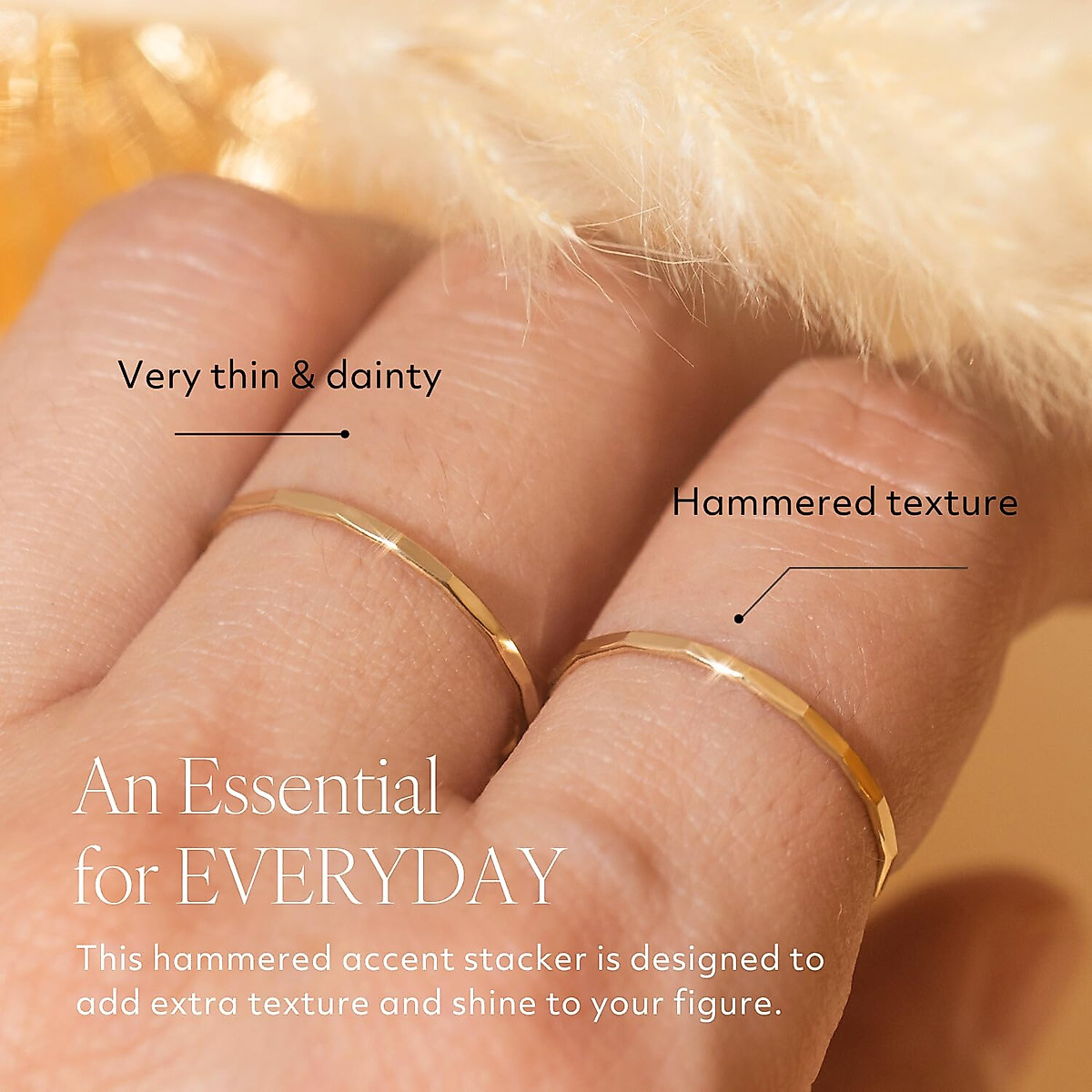 BENIQUE Simple Stacking Pinky Ring for Women, Very Thin Dainty, Hammered Textured Band, 14K Gold Filled or Solid 925 Sterling Silver Ring Set Size 4 5 6 7 8 9 (14K Gold Filled, 7)