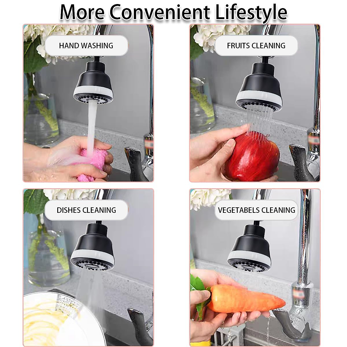 Faucet Aerator Faucet Sprayer Attachment, Kitchen Faucet Head Replacement with 4 Spray Modes, 360° Swivel Faucet Extender Anti-Splash Sink Sprayer Faucet Nozzle Head (Diamond, Black)