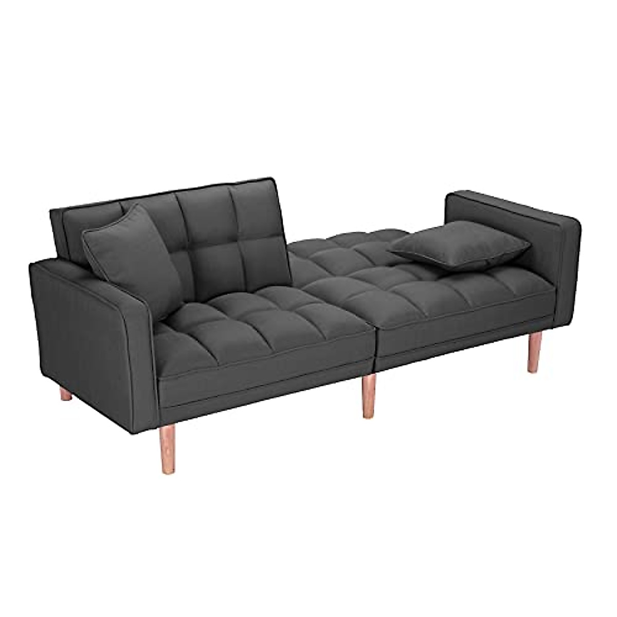 POCIYIHOME Futon Sleeper Sofa Adjustable Back and 2 Pillows, Upholstered Indoor Chaise with Conical Wood Legs, 2-Seater Recliner for Living, Bedroom,Office,Waiting Room, Polyester, Dark Gray