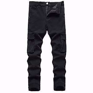Black Jeans for Men Stretch Skinny Multi Pockets Slim Fit Elastic Jeans Comfort Tapered Leg Cargo Pencil Denim Pants, Black, 34