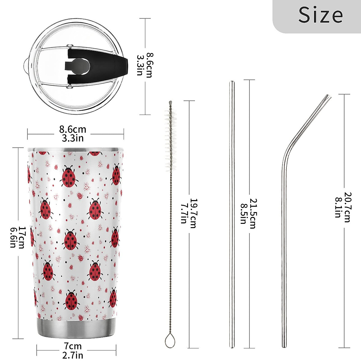 ALAZA Ladybugs Tumbler with Lids and Straws,Reusable Stainless Steel Vacuum Insulated Tumbler Cup,Iced Coffee Travel Mug Water Bottle 20oz(590ml) 47