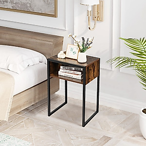 Giantex Industrial Side Table, Small End Table with Open Storage Compartment and Metal Frame, Wood Bedside Tables, Night Stand for Living Room Bedroom, Easy Assembly, Rustic Brown