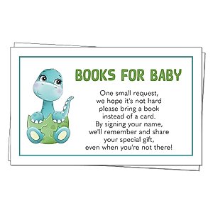 The Invite Lady Dinosaur Baby Shower Bring A Book Insert Little Library Collection Dino Egg Baby Dinosaurs Boy Blue Green Shower Activity Printed Cards (25 Count)
