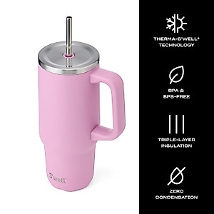 S'well Recycled Stainless Steel Tumbler XL with Straw and Handle, 30oz, Hydrangea Pink, Triple Layered Vacuum Insulated Containers Keeps Drinks Cold for 36 hours and Hot for 9