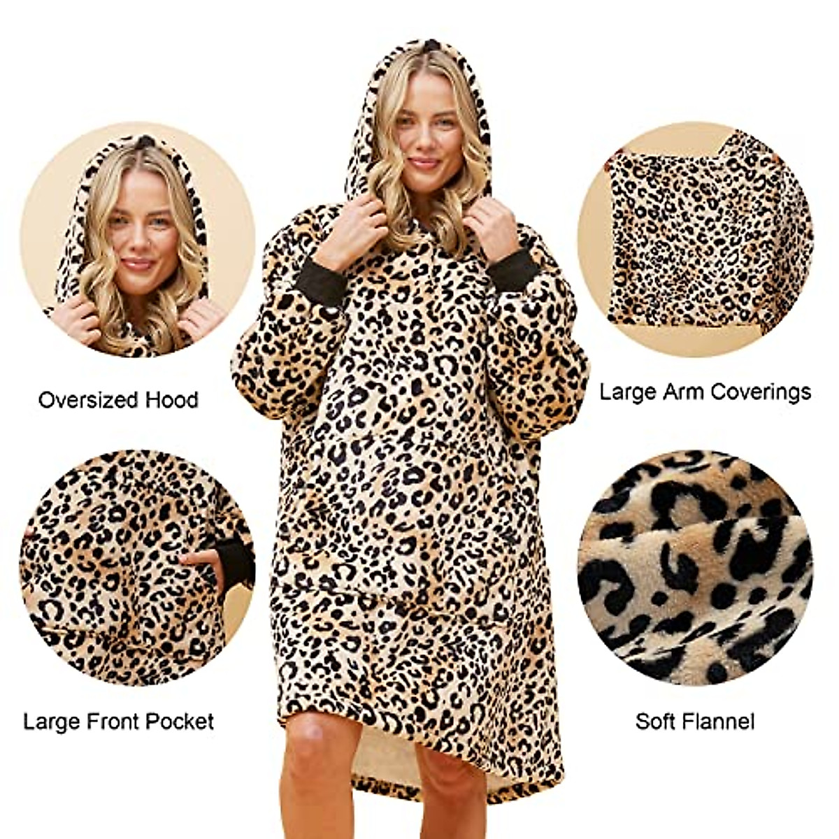 ANDSTAR Wearable Blanket Hoodie, Oversized Hooded for Women and Men, Comfy Sweatshirt with Giant Pocket （Leopard Print）