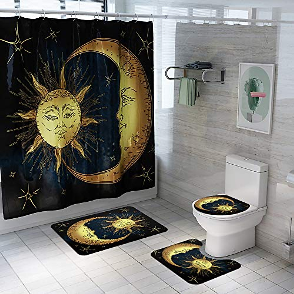 4PCS/Set Sun and Moon Print Pattern Shower Curtains Sets Polyester Waterproof Bathroom Shower Curtain Sets Non-Slip Bathroom Rugs Bath Mat Set Toilet Lid Cover+12 Hooks, Boho