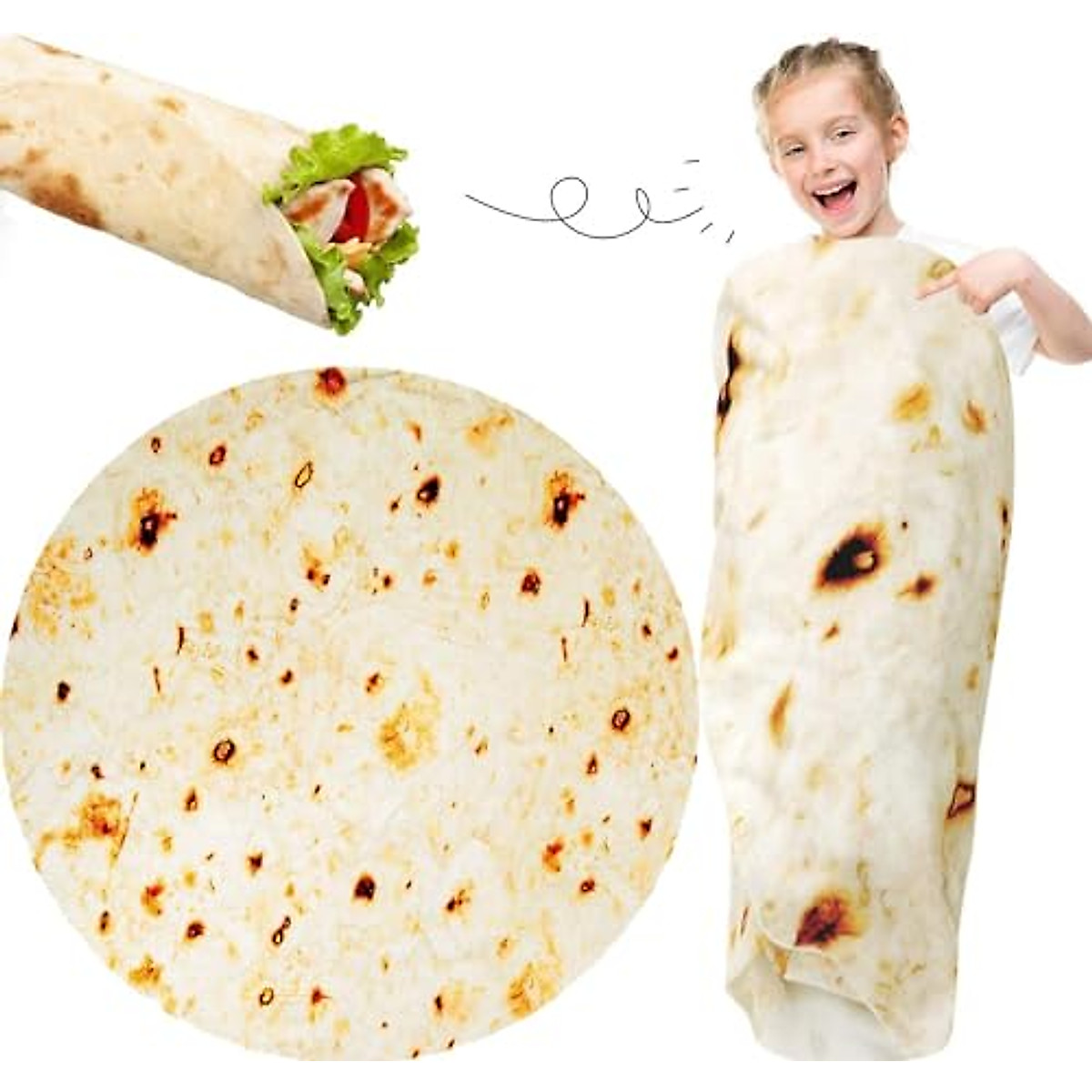 Acteb Burrito Tortilla Blanket Gifts for Kids Teens 60in, 300GSM Double Sided Print Novelty Soft Flannel Wrap Round Throw Blankets Home Decor Food Taco