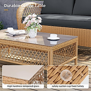 UPHA Patio Outdoor Furniture Set, Beige PE Rattan Patio Conversation Sets, 4 Pieces Wicker Patio Set with Loveseat, 2 Chairs, Coffee Table and Cushions for Backyard, Porch,Darkgrey