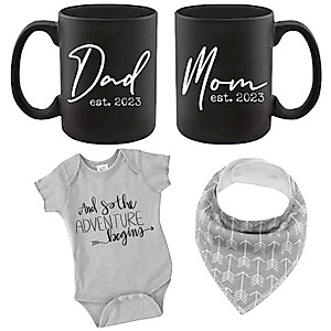 Pregnancy Gift Est 2023 - New Mommy and Daddy Est 2023 11 oz Black Mug Set with "And So The Adventure Begin" Romper (0-3 Months) - Top Mom and Dad Gift Set for New and Expecting Parents to Be
