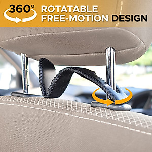 EcoNour Leather Car Seat Hooks (2 Pack Black) | Portable Bag Holder for Car to Keep Your Purse, Groceries & Handbags from Sliding Around | Headrest Hook with Crafted Stitches