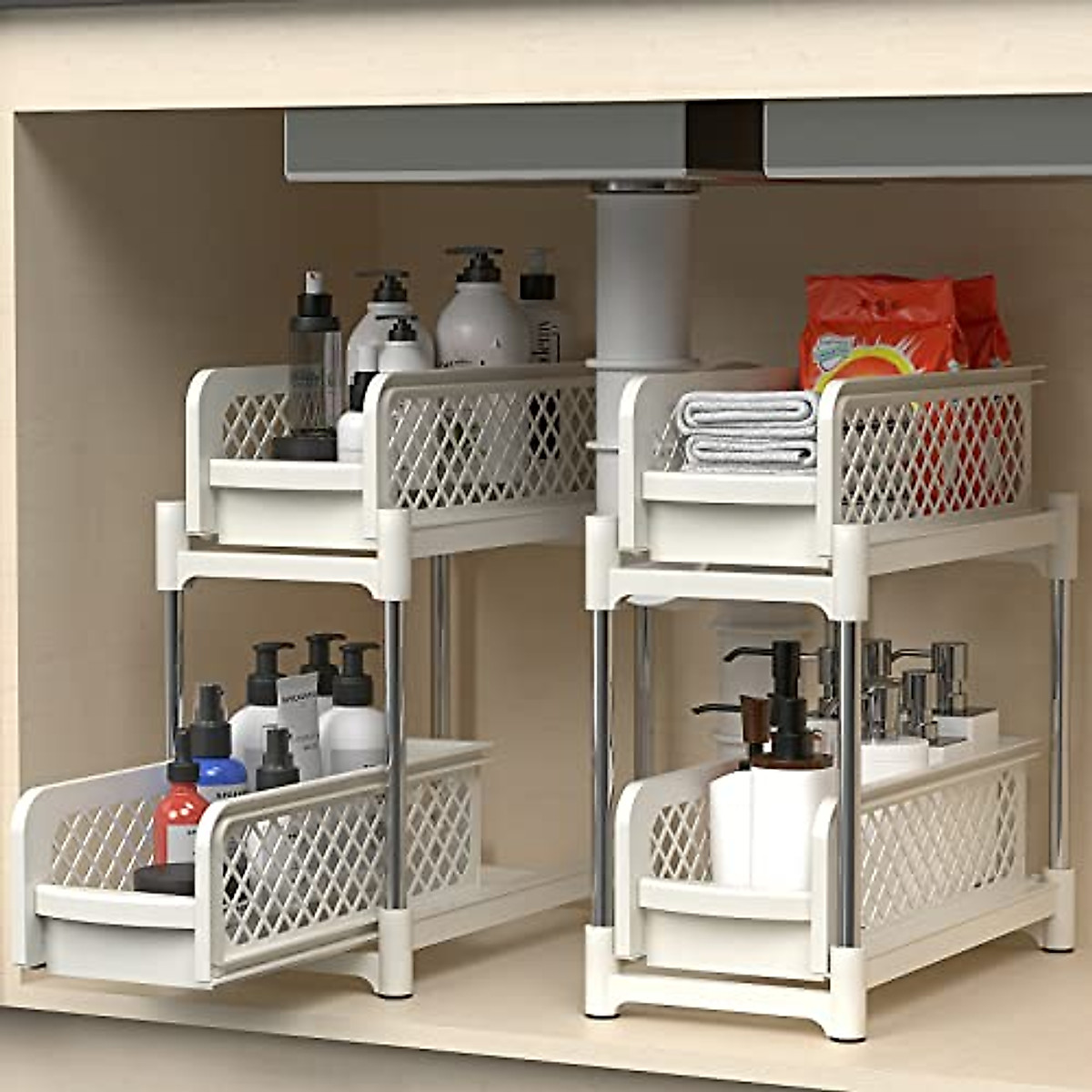 Under Sink Organizers and Storage, Bathroom Organizer with Pull Out Drawer, 2 Tier Sliding Cabinet Basket Organizer Drawer, Storage Shelf for Kitchen Bathroom Cleaning Supplies Organizer, 2 Pack,White