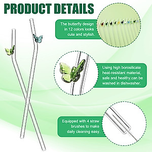 12 Pcs Reusable Glass Straws with 4 Cleaning Brushes, 8 mm x 7.9 Inch Bent Glass Butterfly Straws Colorful Butterfly on Clear Straws for Smoothie Cocktail Juice Shakes Beverages