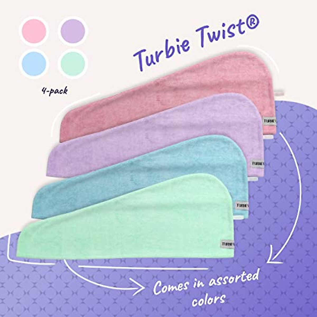 Turbie Twist Microfiber Hair Towel Wrap for Women and Men | 4 Pack | Quick Dry Turban for Drying Curly, Long & Thick Hair (Pink, Purple, Blue, Aqua)